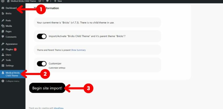 Medical Bricks Child Theme Importing Demo Data - Bricks Awesome